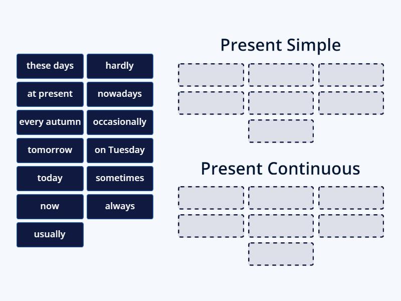 Present Simple vs. Present Continuous. Markers - Group sort