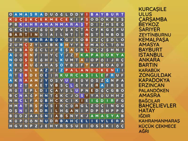 UZUN ÇAPRAZ BULMACA ''İL VE İLÇELER'' - Wordsearch