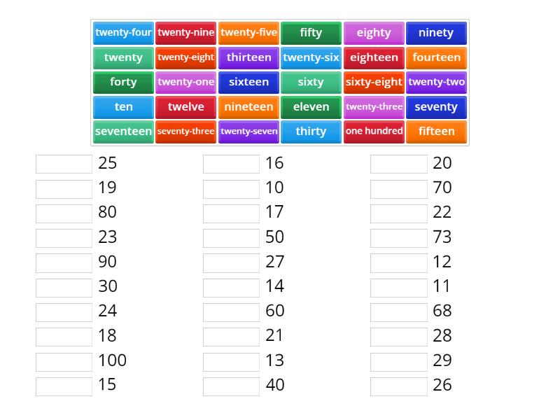 Numbers from 1 to 100 - Match up