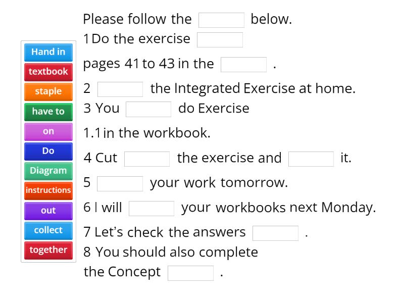 Classroom Instructions Cloze - Complete the sentence