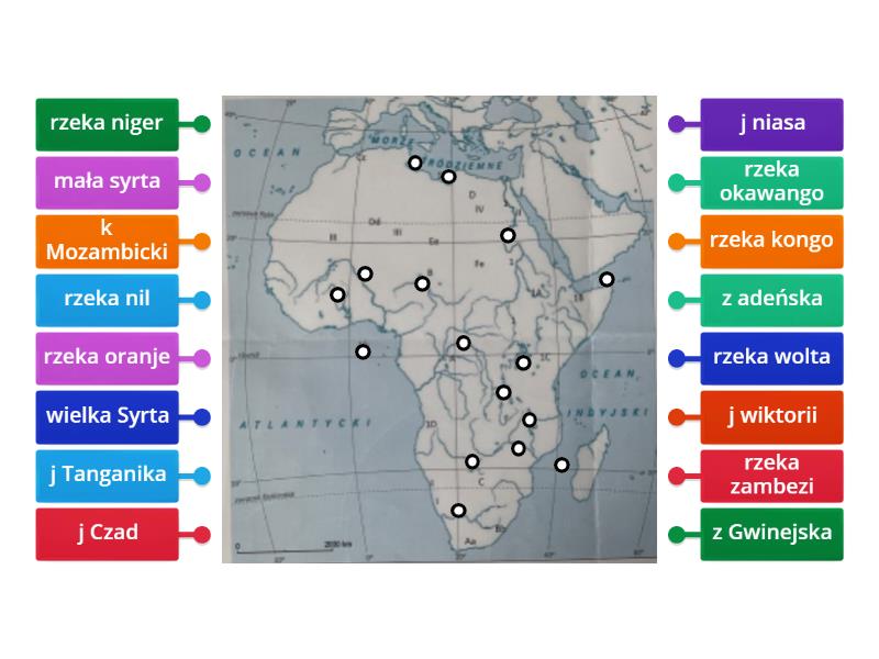 Mapa fizyczna afryki-rzeki jeziora zatoki kanały - Rysunek z opisami