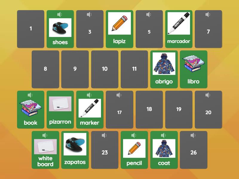 Spanish-English Words - Matching pairs