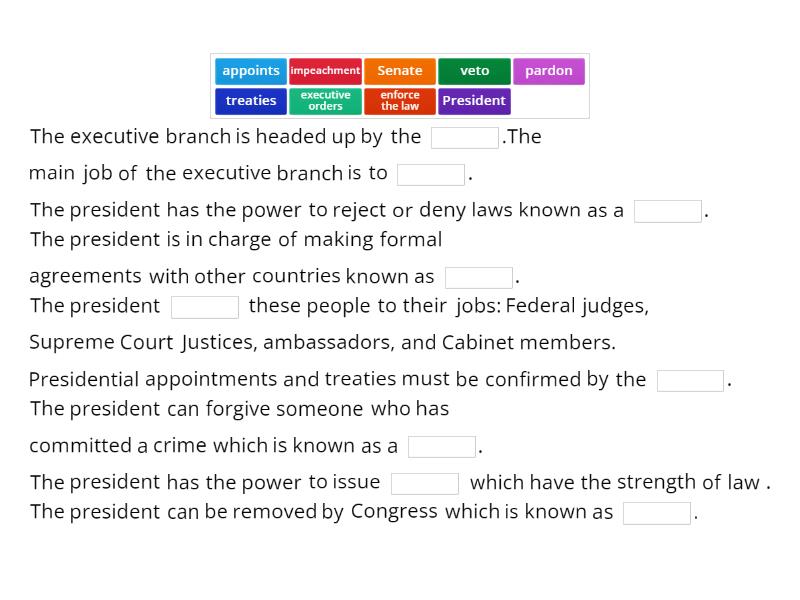 Executive Branch Fill in Blank - Complete the sentence