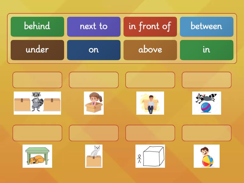 Preposition in on under next to between behind in front of above - Match up