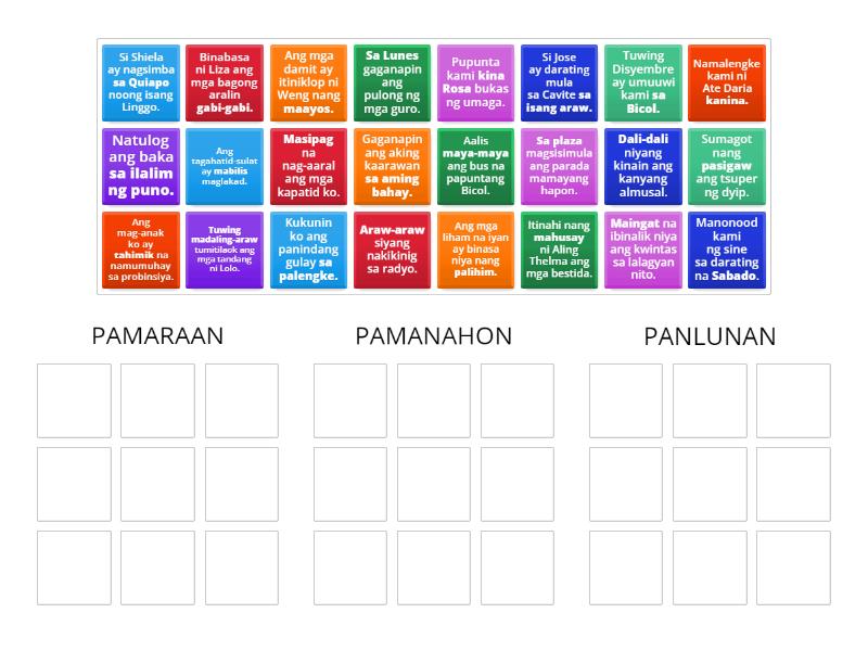 Pang-abay na Pamaraan, Pamanahon at Panlunan Activity 2 - Group sort