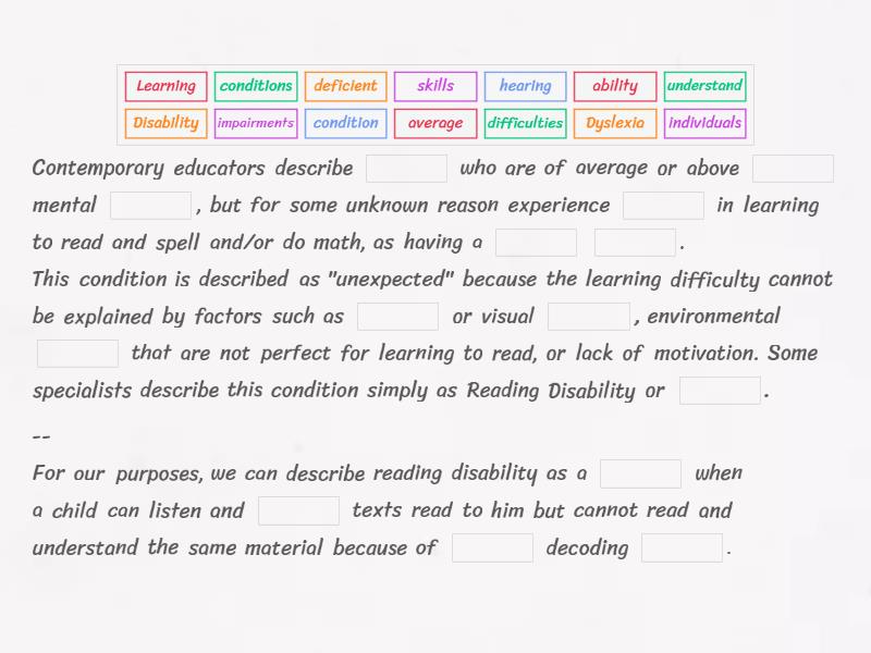 Learning Disabilities. Cloze test - Complete the sentence