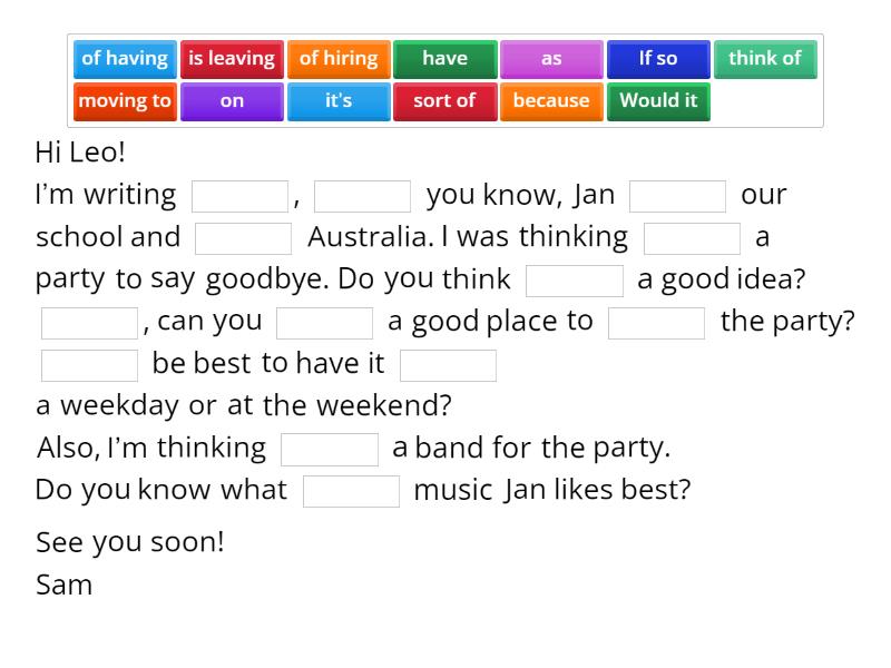PET Writing - sample email - complete - Complete the sentence