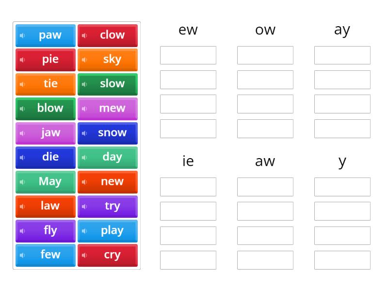 phonics ew,ou,ow,ay,ie,aw,y - Group sort