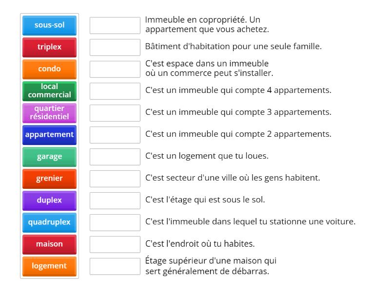Vocabulaire: Les types de logement - Match up