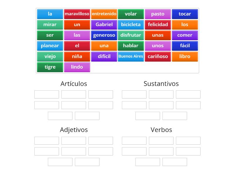 Ordena artículos, sustantivos, adjetivos y verbos - Ordenar por grupo