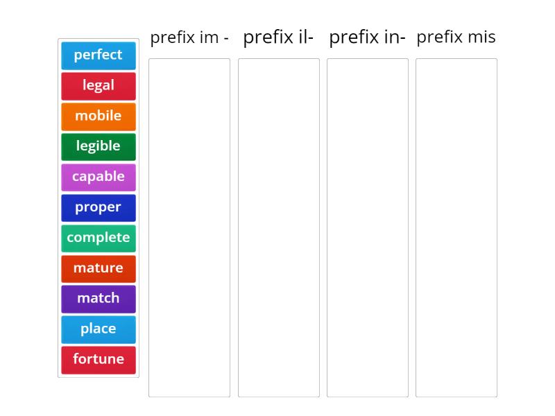 prefixes: mis, ir, im, in and il - Categorize