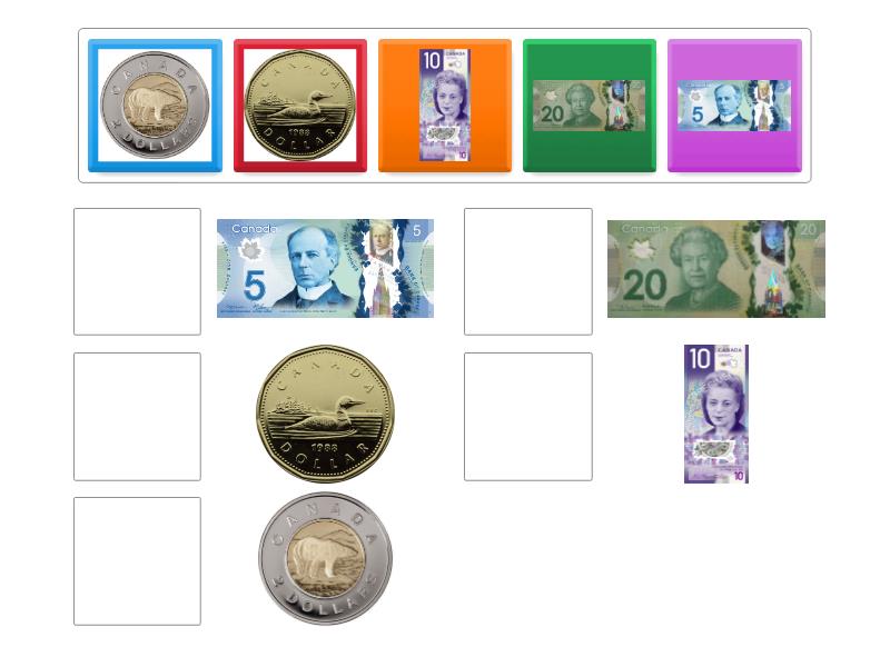 Canadian Bills and Coins - Match up