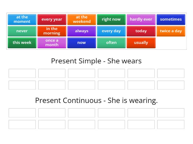 Present Simple vs. Present Continuous (key words) - Posortuj