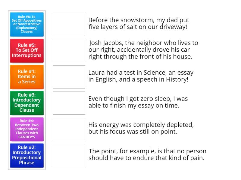 Identify the 6 Comma Rules - Une las parejas