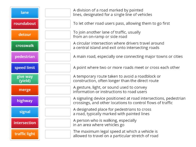 Road vocabulary and definitions - Match up