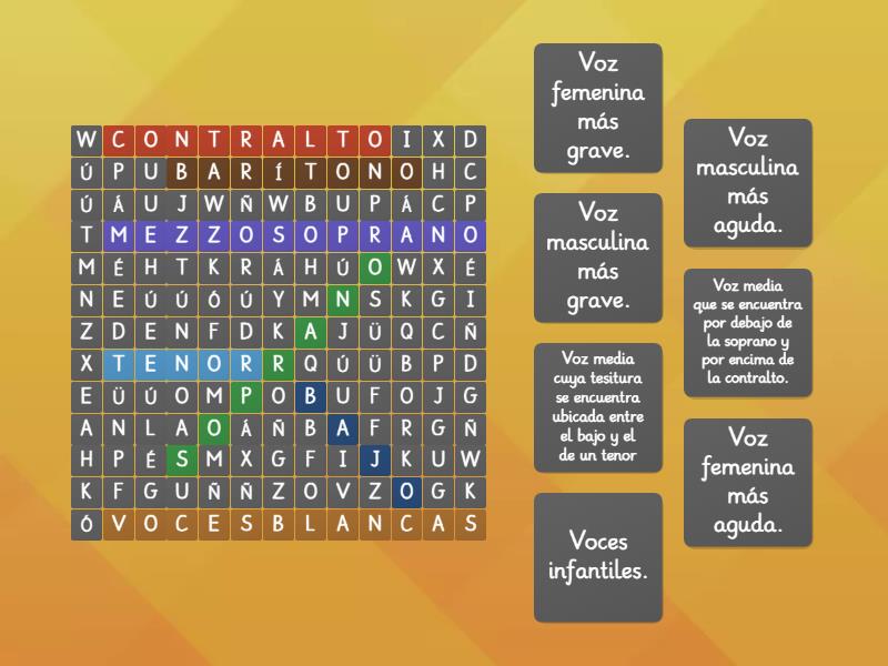 Clasificación de las voces humanas - Sopa de letras