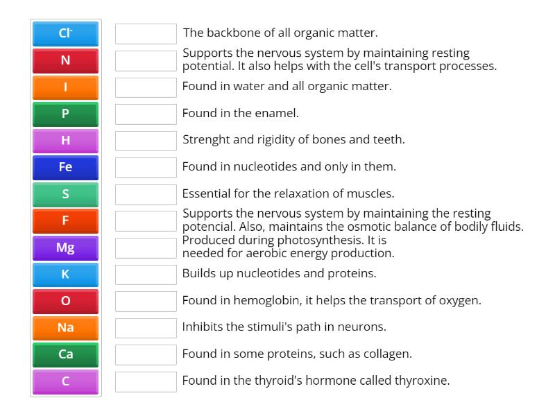 Biogenic elements and their function - Match up