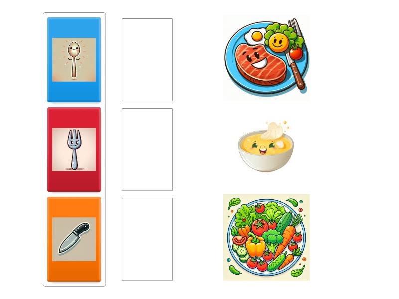 Match and write the use of spoon, fork and knife based on the picture ...