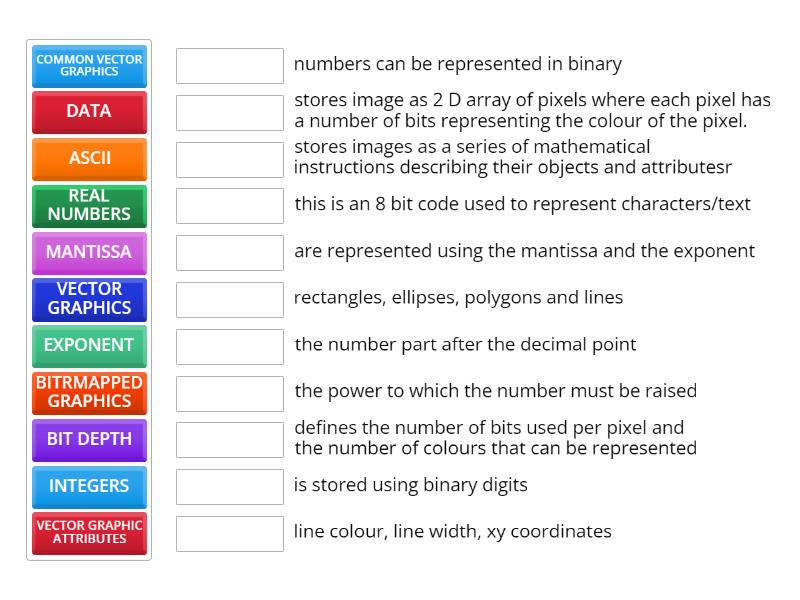binary, real numbers,vector and bitmapped graphics - Match up