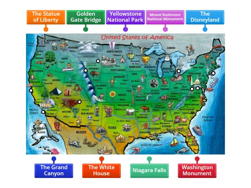 The landmarks of the USA on the map - Labelled diagram