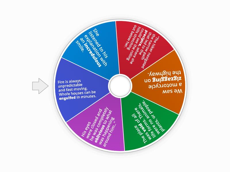 What is the meaning of the Bold word in each sentence? - Spin the wheel