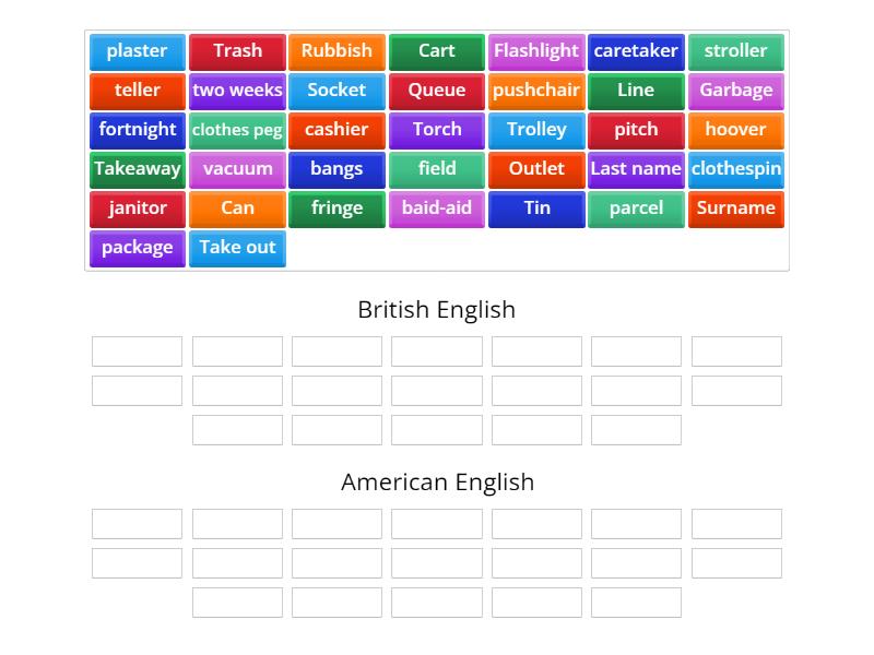 British vs. American English (18 pairs) - Group sort