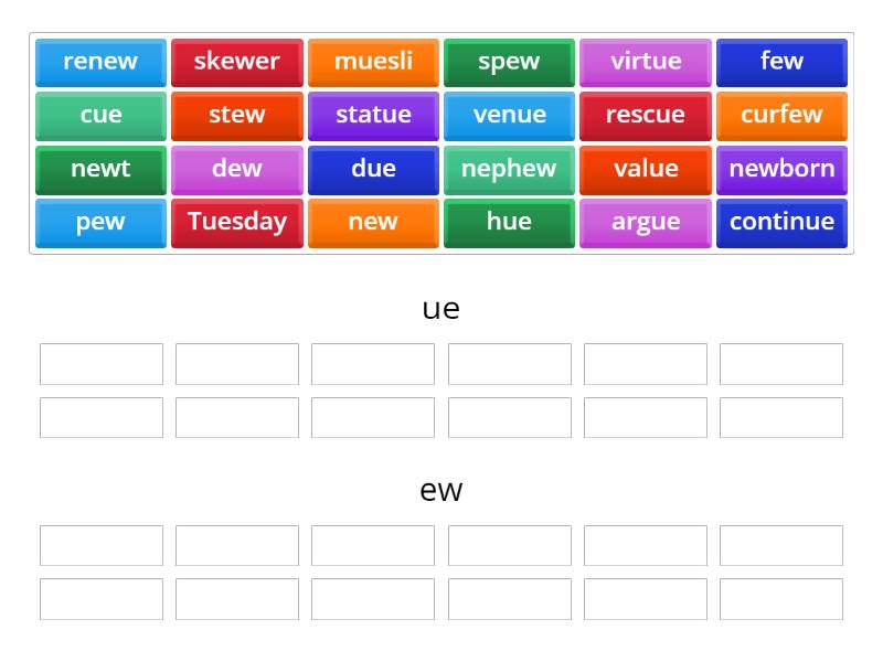 Word sort ue and ew - Group sort