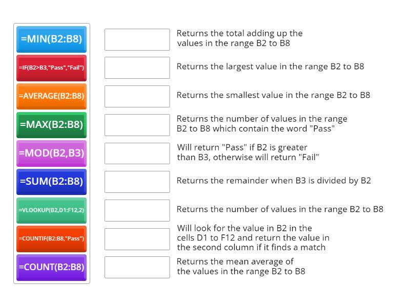 KS 4 - Excel Functions Match - Une las parejas