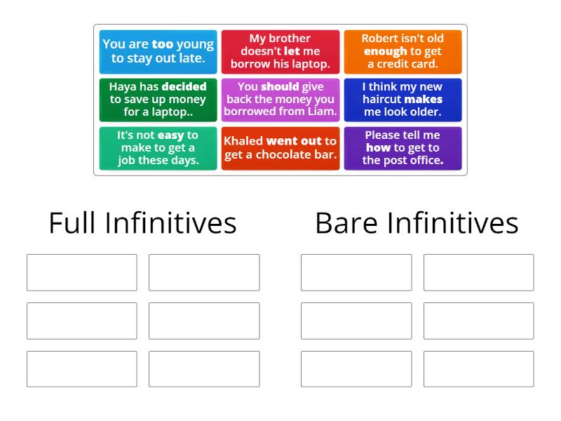 Full & Bare Infinitives -Categorize based on the sentence - Group sort