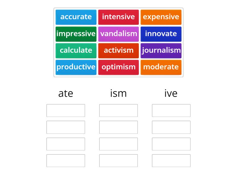 Word Endings ate, ism, ive - Group sort