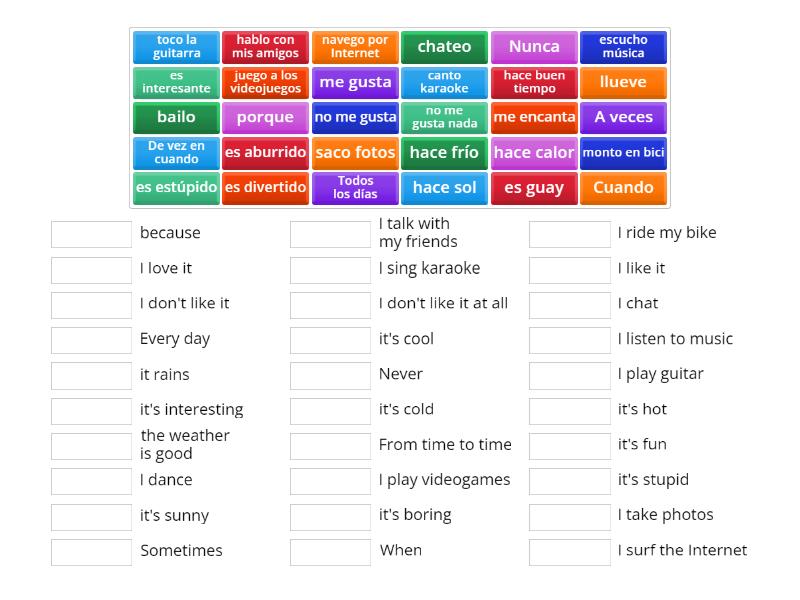 Y8- ¿Qué haces cuando llueve? (whole sentence builder) - Match up
