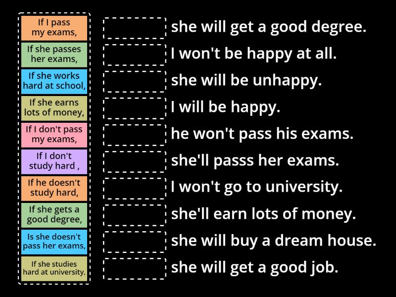 First Conditional - If she studies hard, she'll pass her exam. - Match up