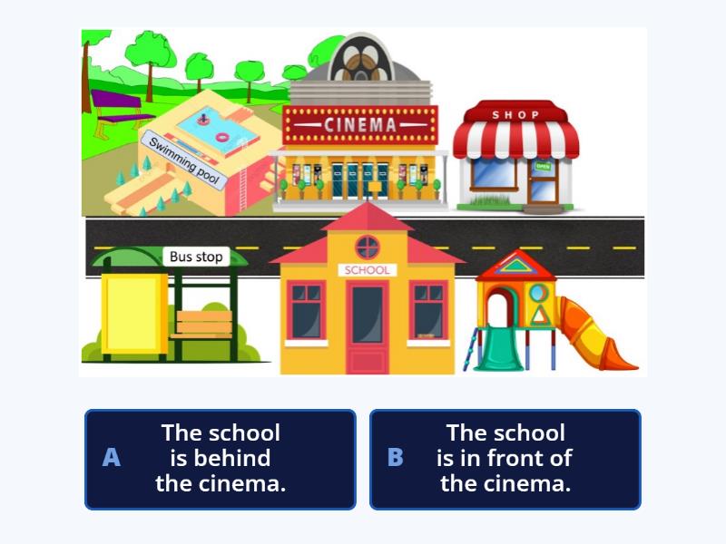 Town. Prepositions of place. (in front of, behind, between, next to) - Quiz