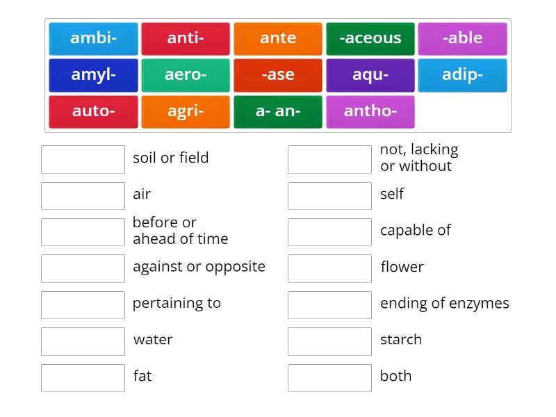 "a" prefixes and suffixes to know - Match up