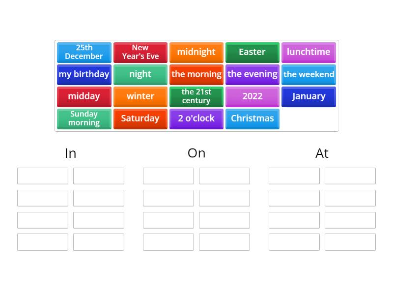 EF Elementary 4B Time Prepositions: In, On, At - Group sort