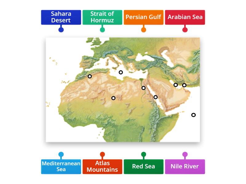 Physical Map REVIEW - Southwest Asia & North Africa - Diagram berlabel