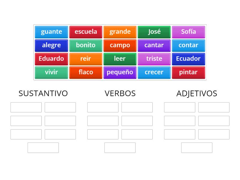 SUSTANTIVOS, VERBO Y ADJETIVOS - Ordenar por grupo