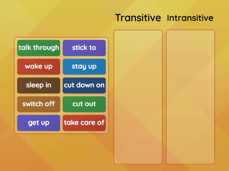 GI B1 U3 Transitive/Intransitive phrasal verbs - Group sort GI B1 U3 Transitive/Intransitive phrasal verbs - Group sort