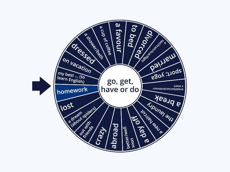 Revision: Collocations with do; get; go; have; - Spin the wheel