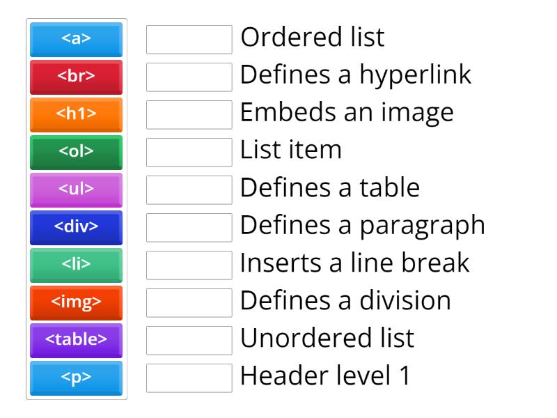 Match HTML Tags with Their Definitions - Match up