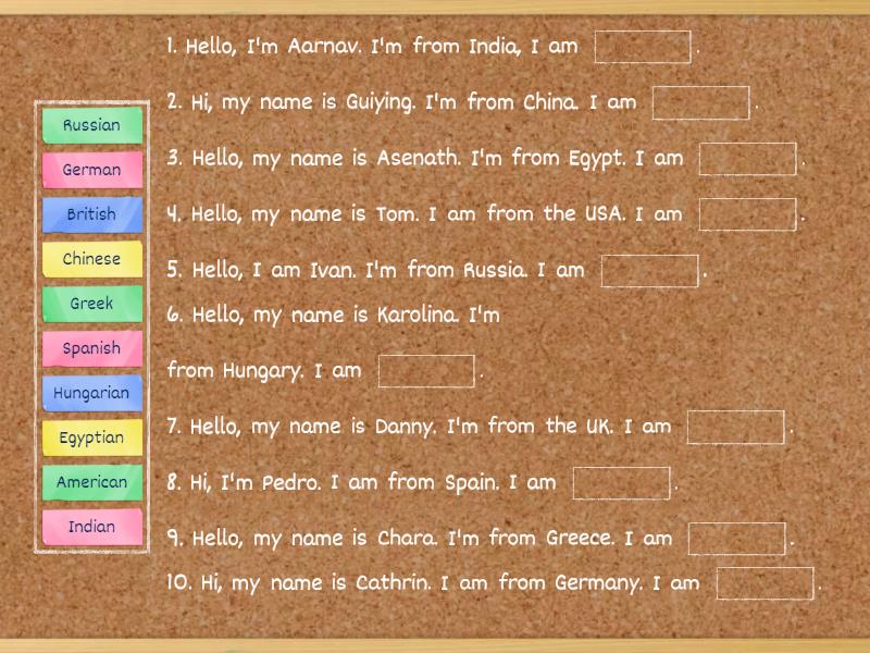 Countries and Nationalities - Complete the sentence