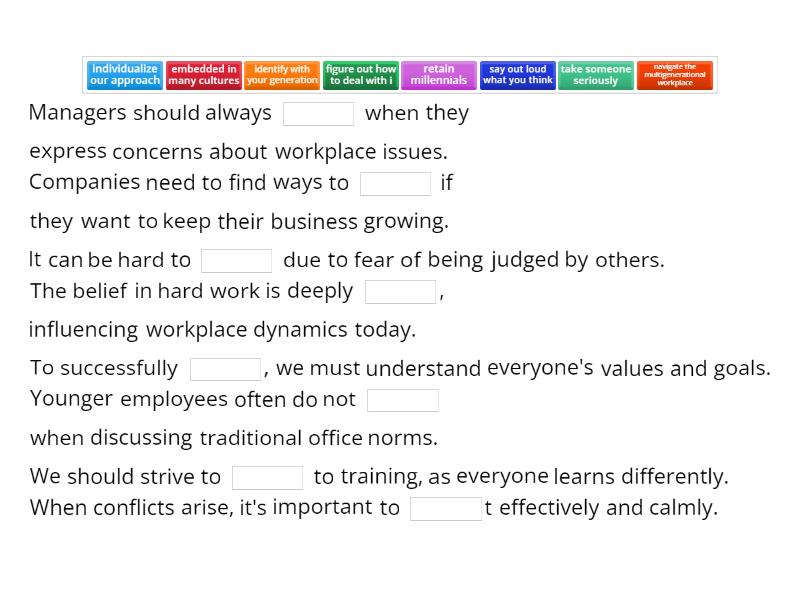 Generational stereotypes at work (ESL, gap fill) - Complete the sentence