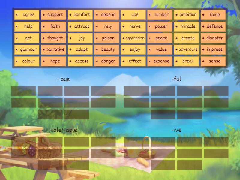 adjectives' suffixes -ous, -ful, -able, -ive part 1 - Group sort
