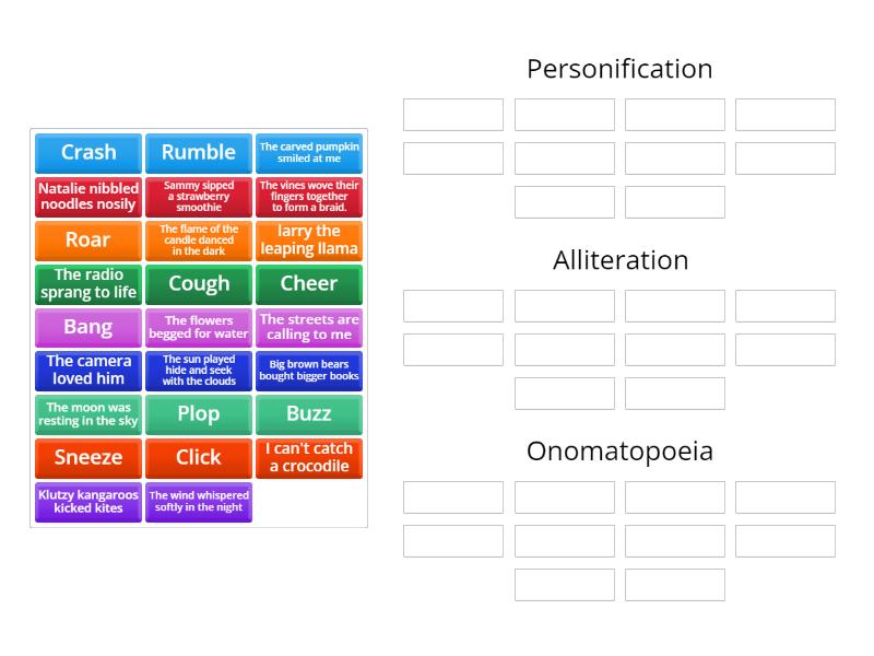 Personification, alliteration, onomatopoeia - Group sort