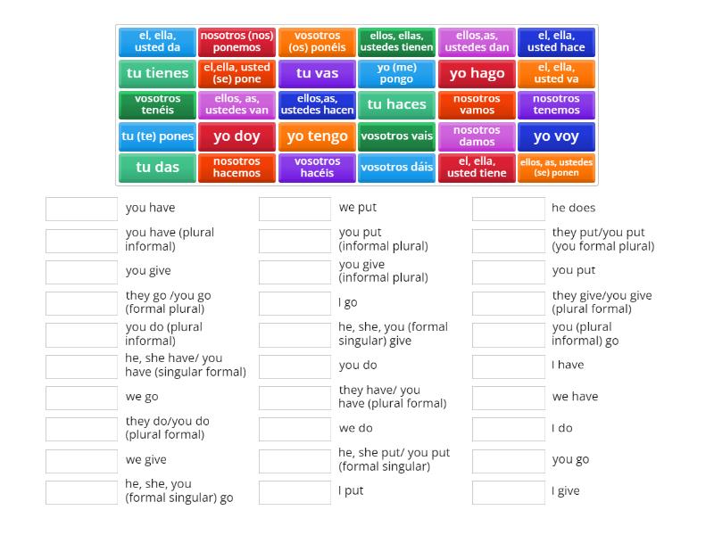 verbos de alta frecuencia (ir, dar, tener, poner, hacer) - Match up