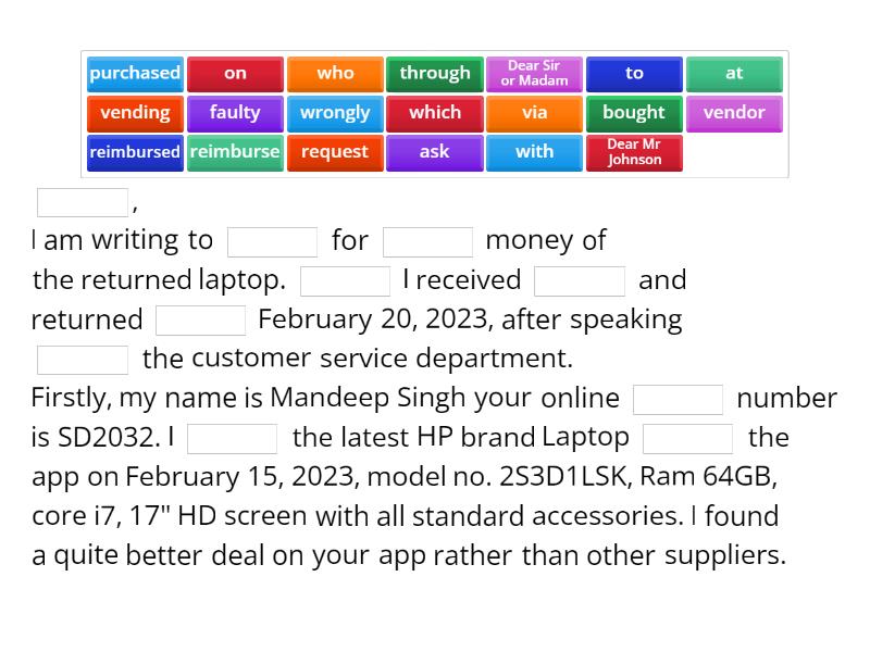Refund letter - Complete the sentence