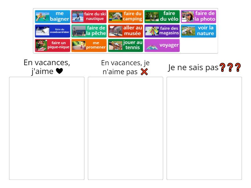 Exit task Unit 3 #3 Vacation activities - THEM - Categorize