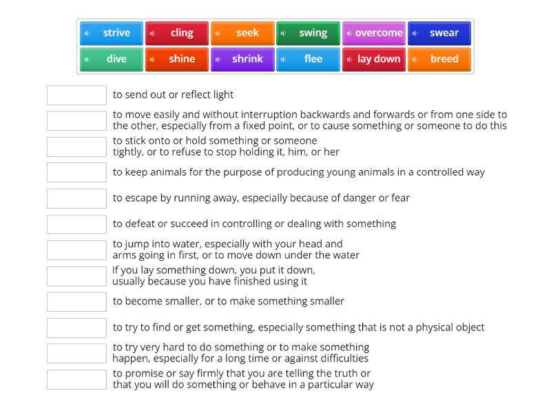 Meaning of irregular verbs (cling, dive, lay, overcome, seek, shine ...