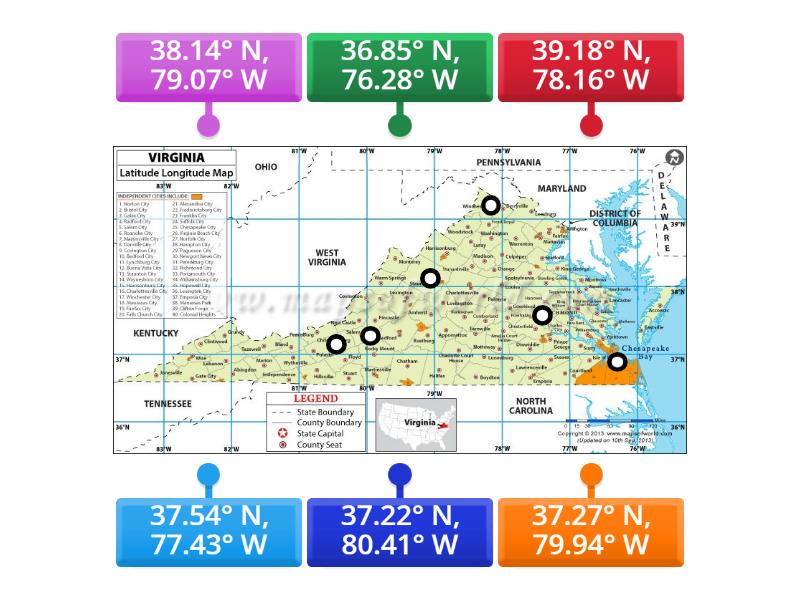 Latitude Longitude of VA Cities - Labelled diagram