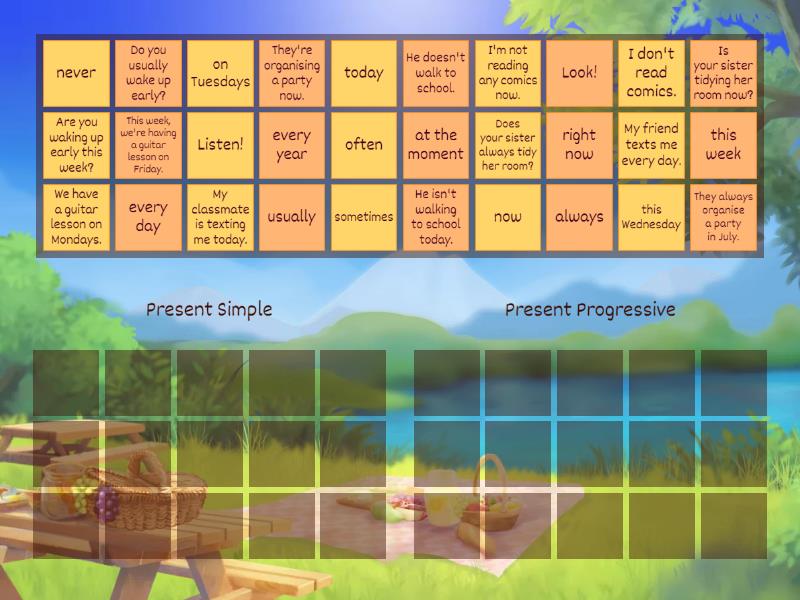 Signal words and examples - Present Simple and Present Progressive - Group sort